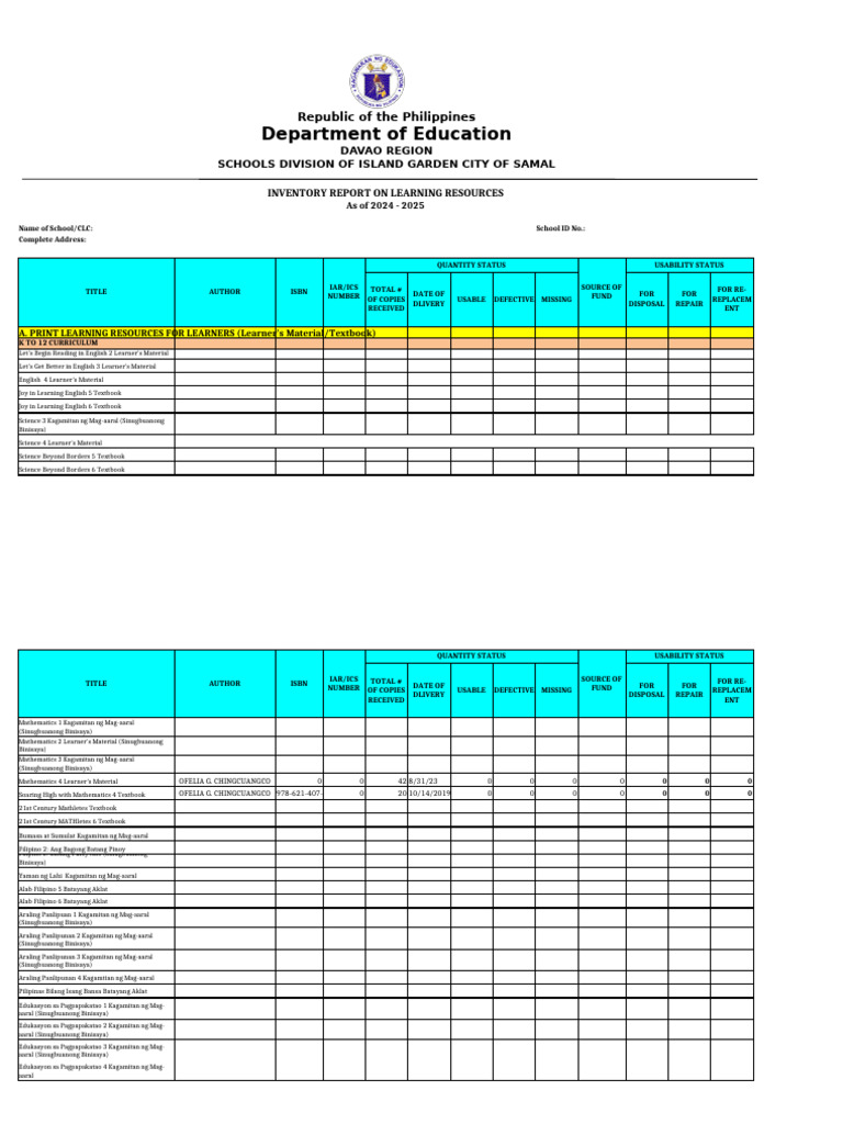 Inventory Form of Learning Resources - Elem | PDF | Philippines