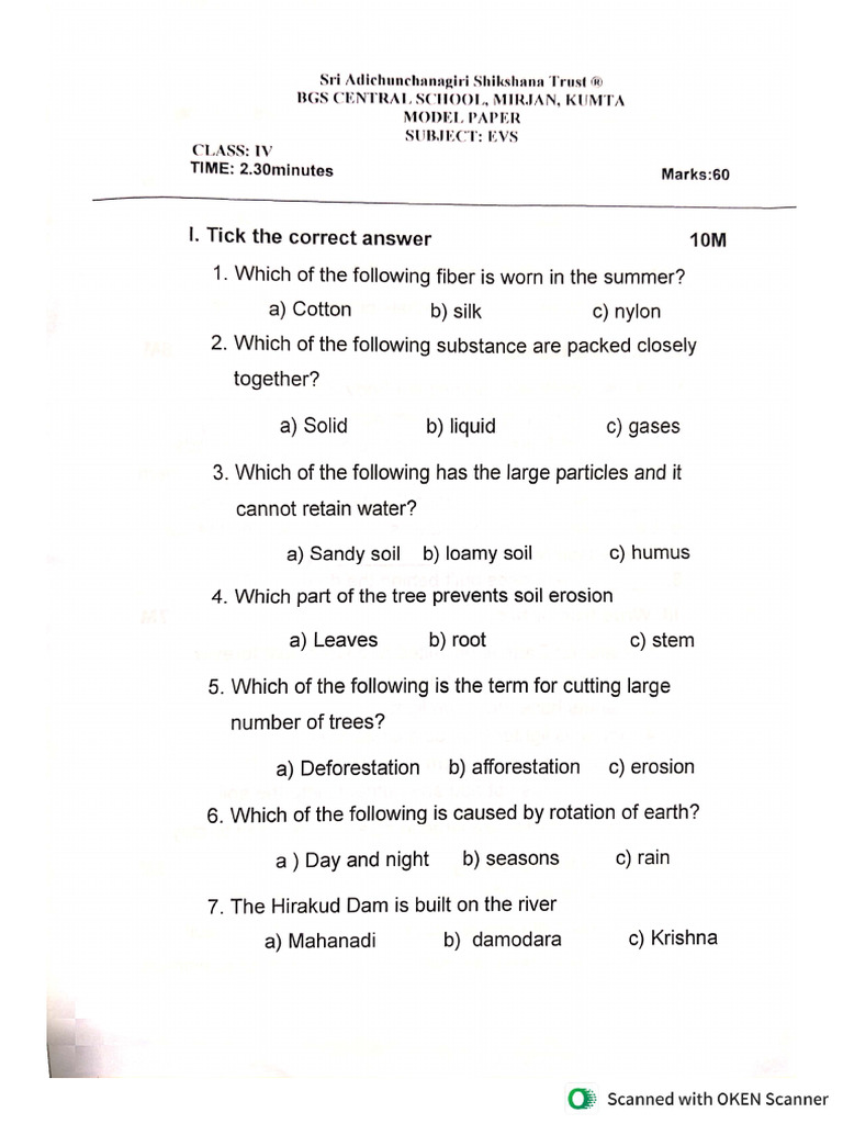 4th STD EVS Model Paper | PDF