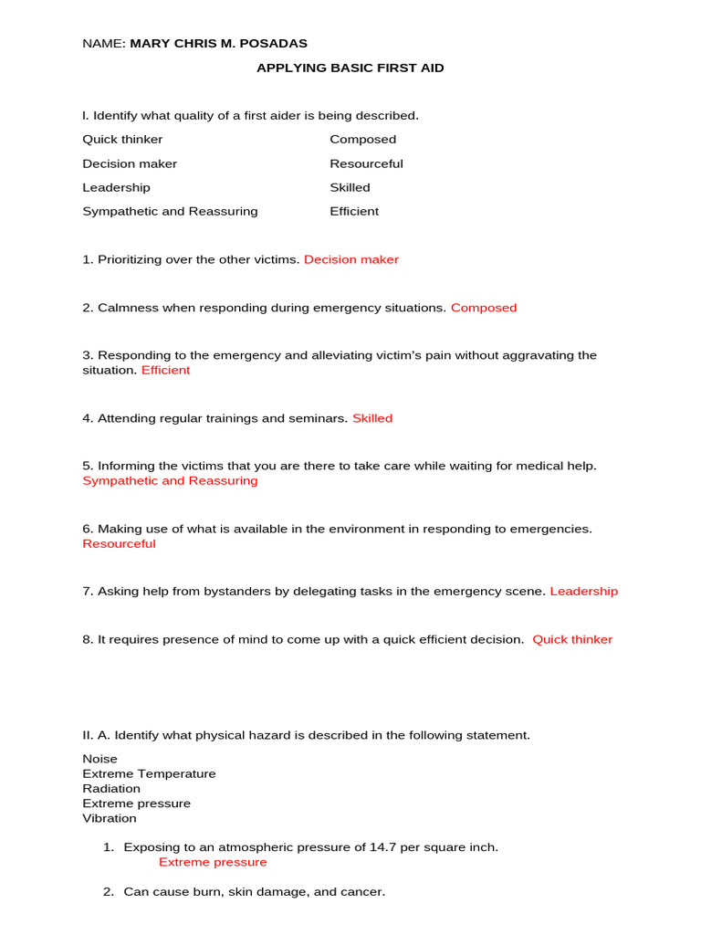 Applying Basic First Aid Quiz Done | PDF