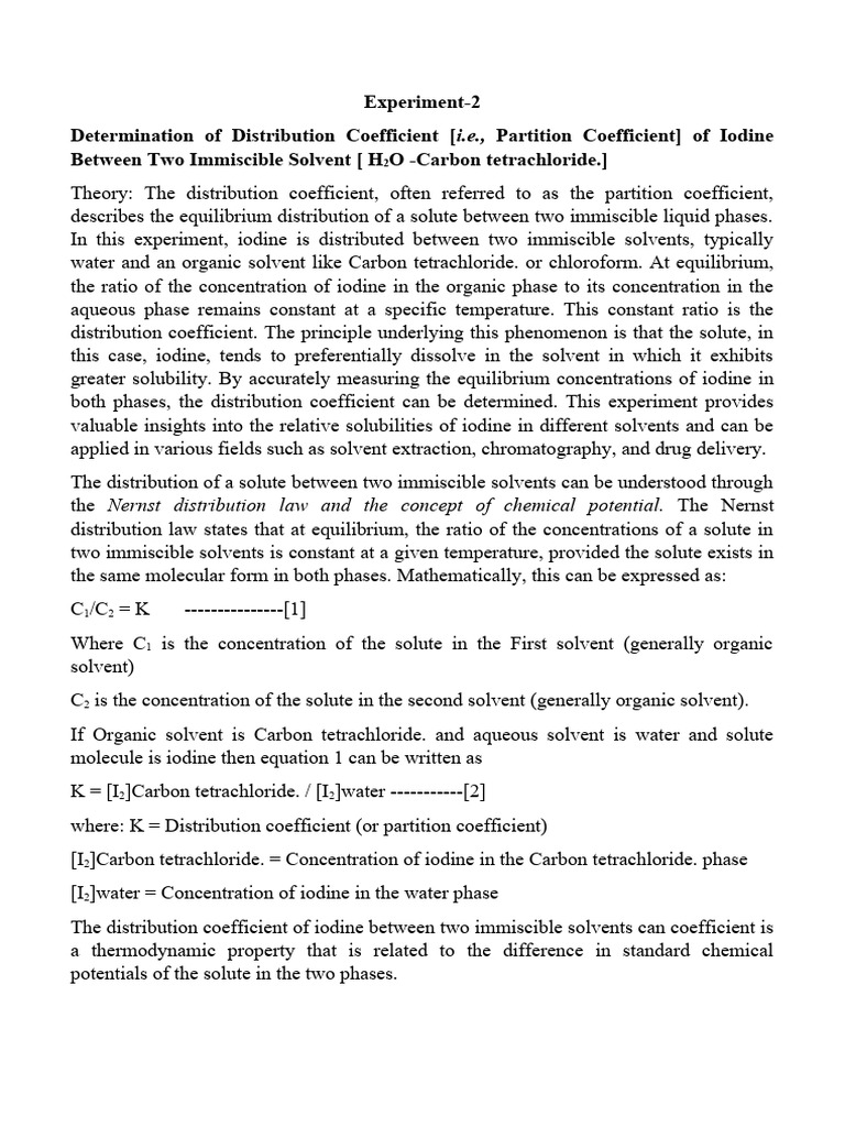Iodine Partition Coefficient Experiment | PDF | Chemical Equilibrium ...