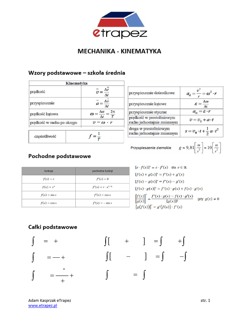 WZORY Mechanika - Kinematyka | PDF
