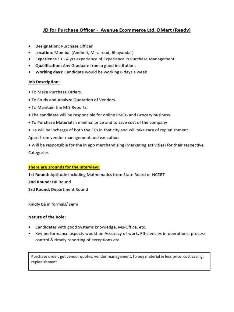 Purchase Officer Role at DMart | PDF