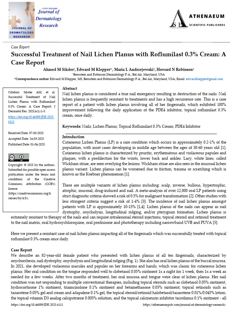 Successful Treatment of Nail Lichen Planus With Roflumilast 0.3 Cream A ...