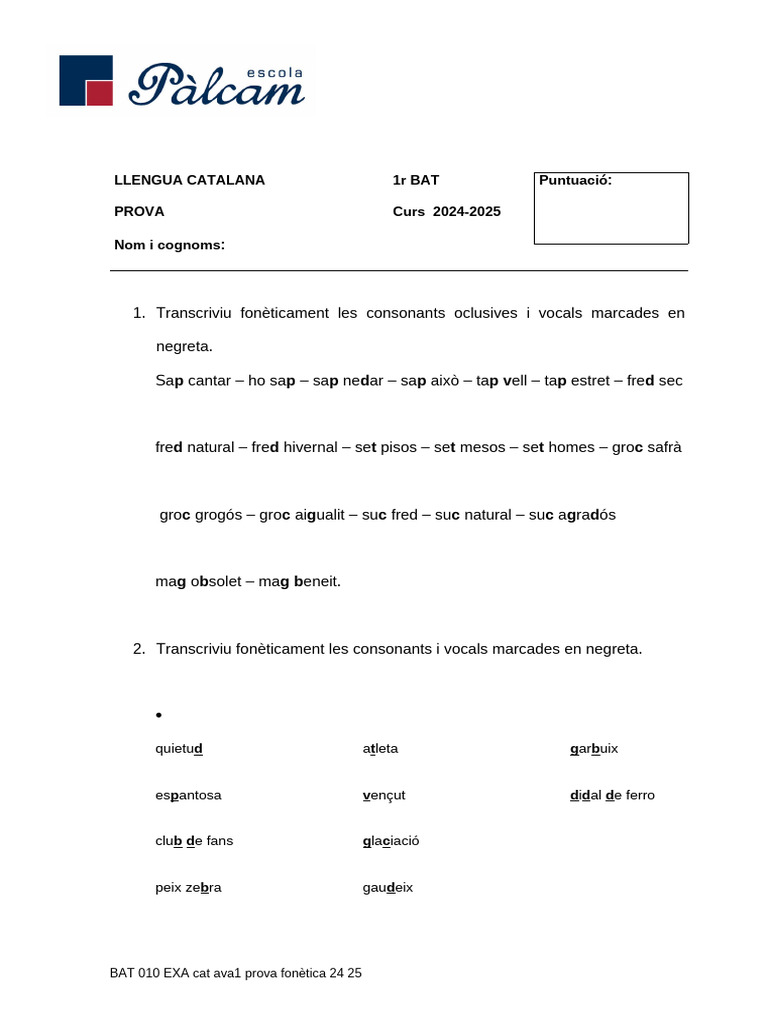 BAT 010 EXA Cat Ava1 Prova Fonètica - Oclusives 24 25 | PDF