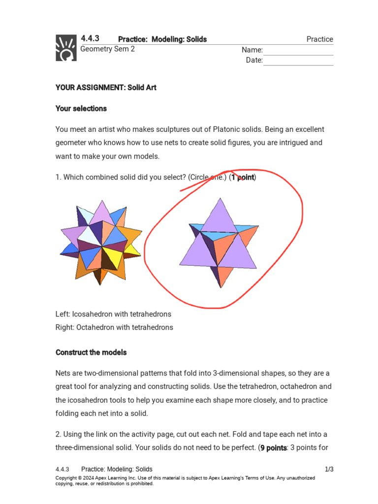 4.4.3 Practice - Modeling - Solids (Practice) | PDF | Tetrahedron | Geometric Shapes