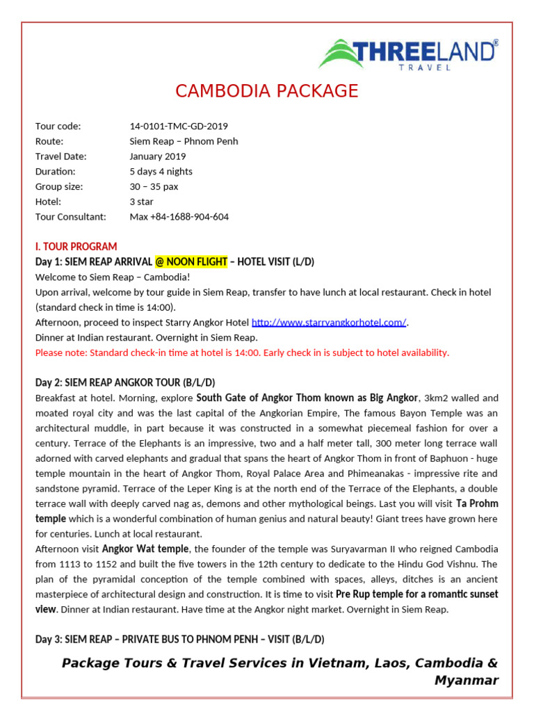 14-0101-TMC-GD-2019 - Cambodia Package X 30 - 50 Pax - Thomas Cook | PDF | Angkor | Phnom Penh