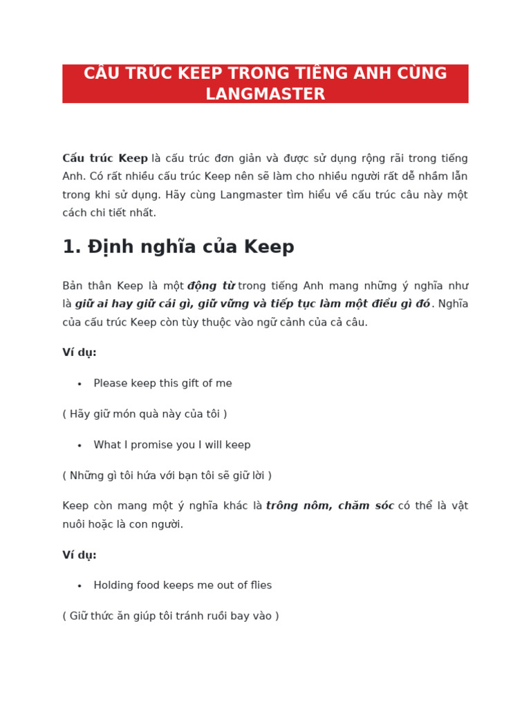 CẤU TRÚC KEEP TRONG TIẾNG ANH CÙNG LANGMASTER | PDF