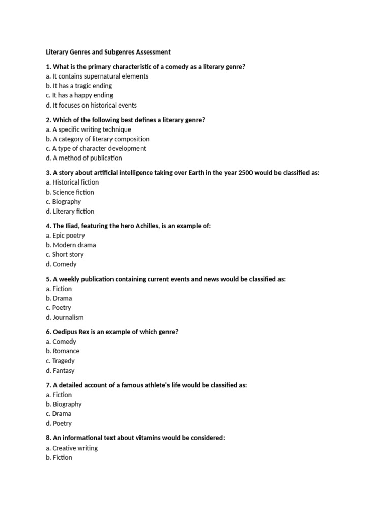 Literary Genres and Subgenres Assessment | PDF