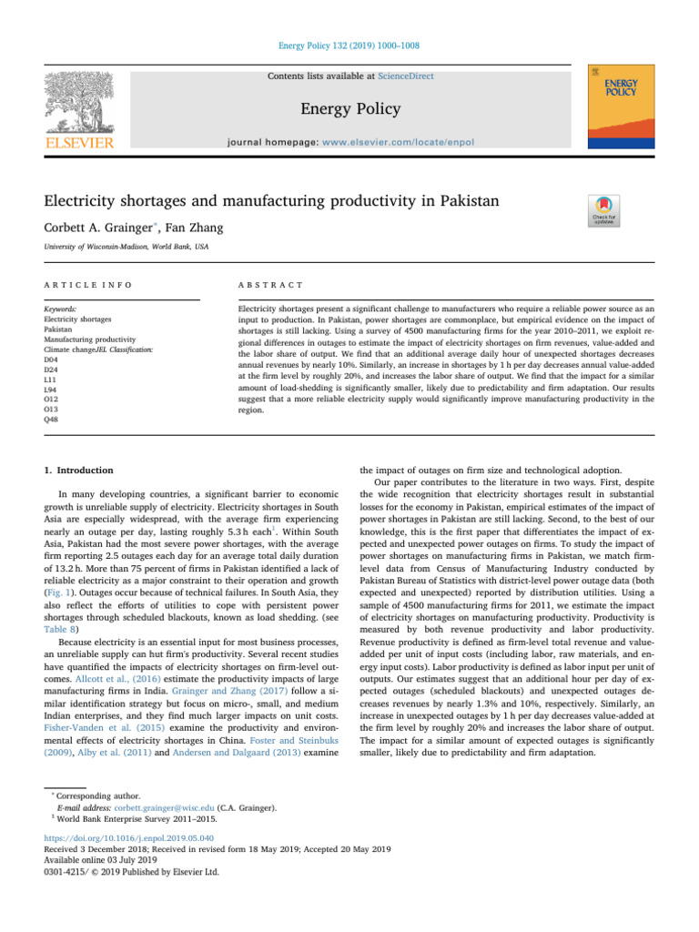 Electricity Shortages and Manufacturing Productivity in Pakistan | PDF