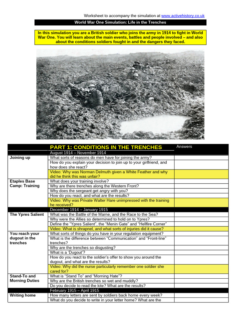 Trenches ActiveHistory Worksheet | PDF | Battle Of The Somme | Trench ...