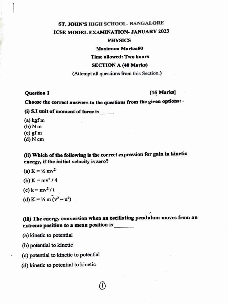 ST Johns High School Physics Model Exam | PDF