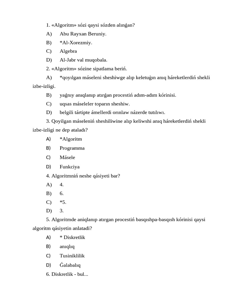 Algoritmlarni Loyihalash" Fanidan 1-Oraliq Nazorat Uchun Test Sa KK | PDF