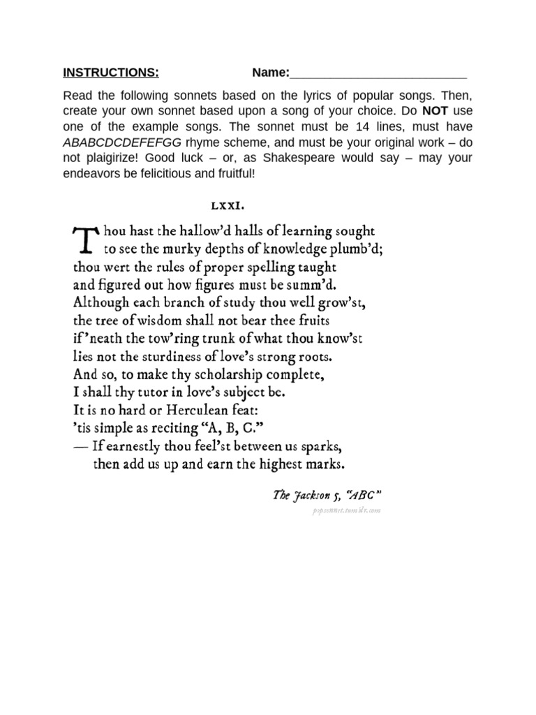 Create Your Own Song-Inspired Sonnet | PDF