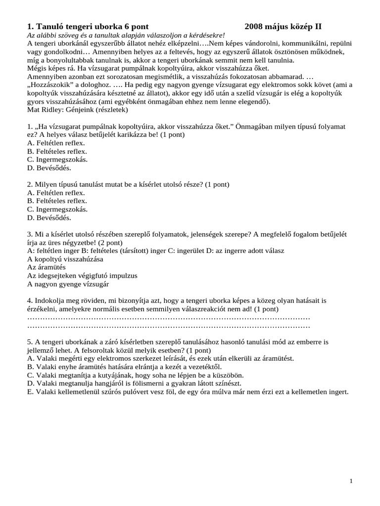 Etológia Érettségi Feladatok 2025 | PDF