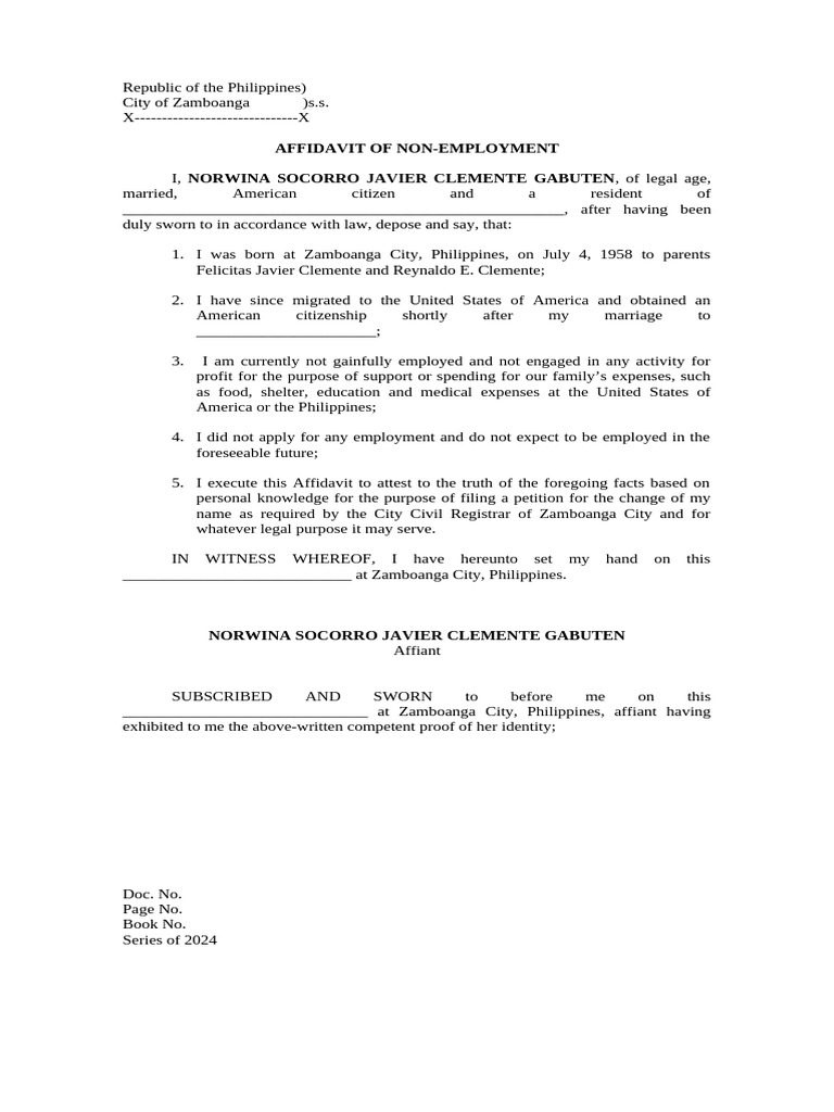 Affidavit of Unemployment - Norwina Socorro C. Gabuten | PDF