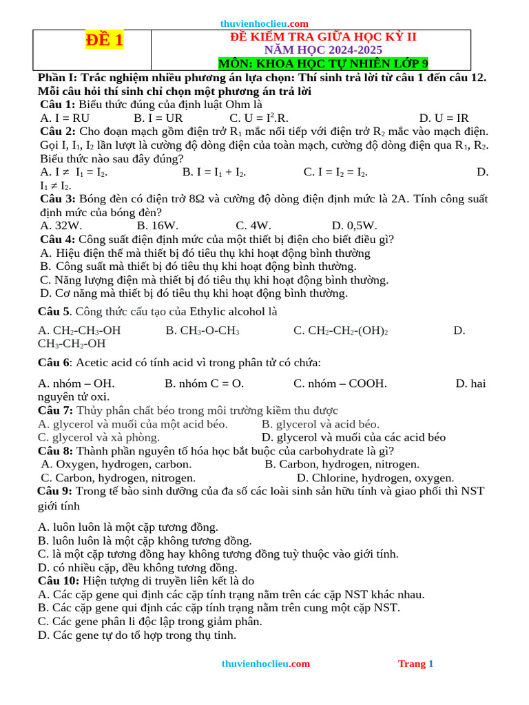 10 Đề GK2 KHTN 9 | PDF