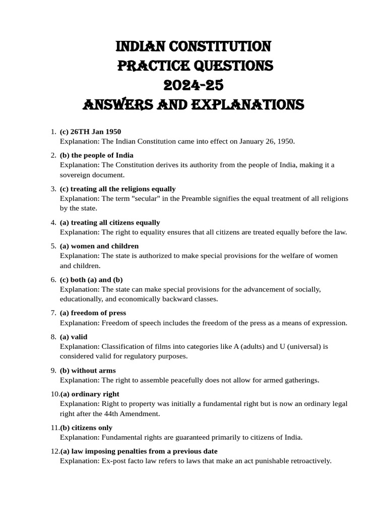 Indian Constitution Practice Questions Answers and Explanations | PDF ...