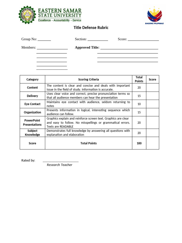 Title Defense Presentation Rubric | PDF