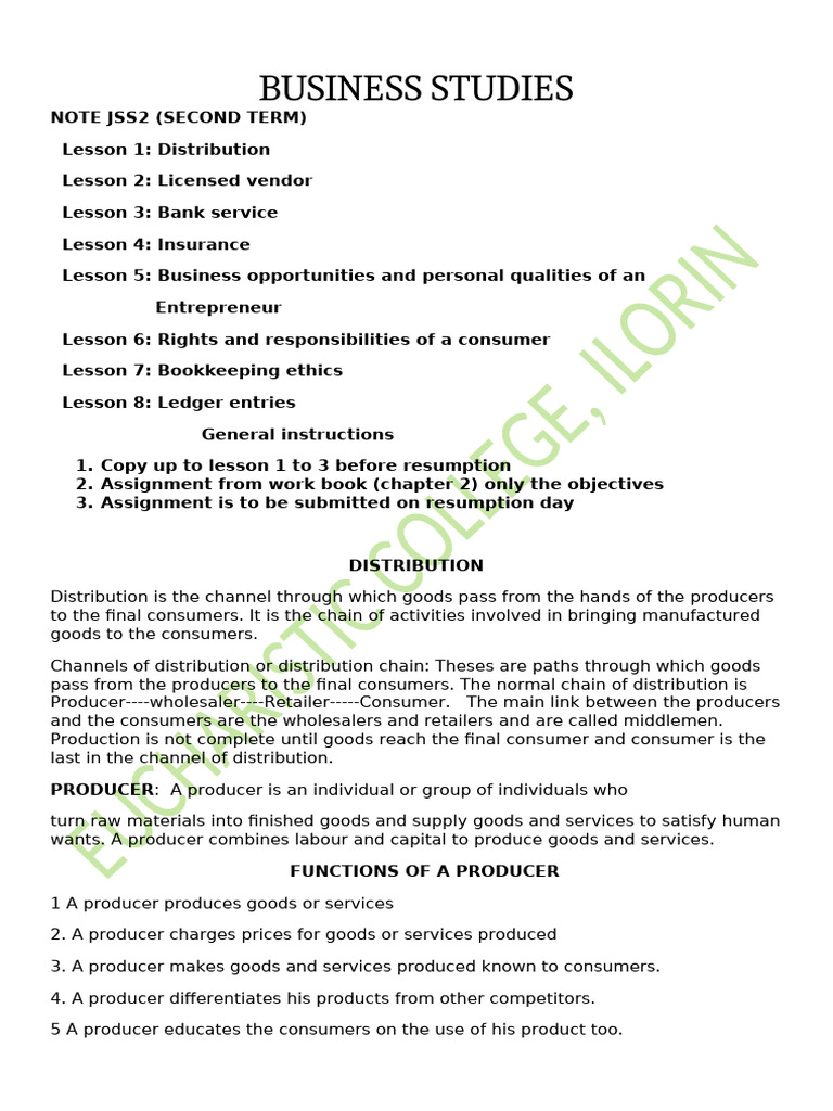 Business Studies Note Jss2 Second Term | PDF | Insurance | Debits And ...