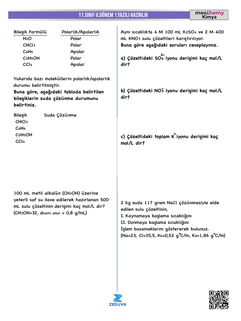 11.sinif Kimya 2.donem 1.yazili Sorulari | PDF