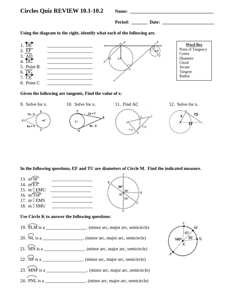 Circles Quiz Review and Solutions | PDF
