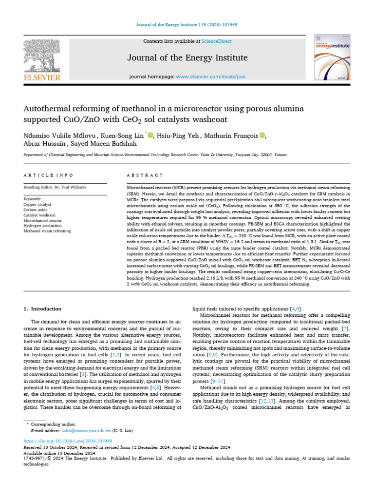Autothermal Reforming of Methanol in A Microreactor Usin - 2025 ...