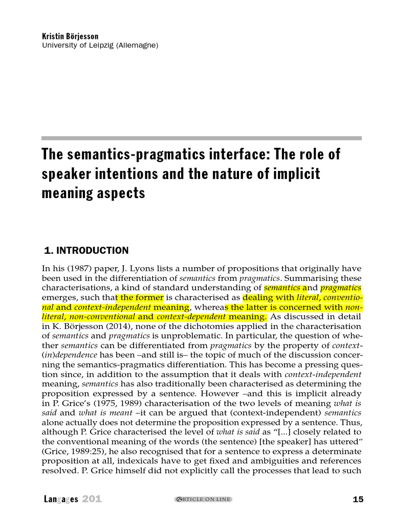 The Semantics Pragmatics Interface The Role of Speaker Intentions and The Nature of Implicit ...
