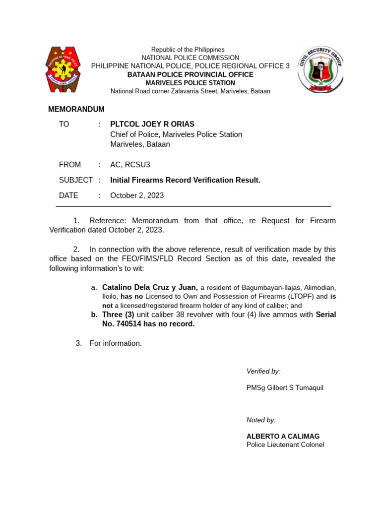 Firearms Verification Results - RCSU3 | PDF