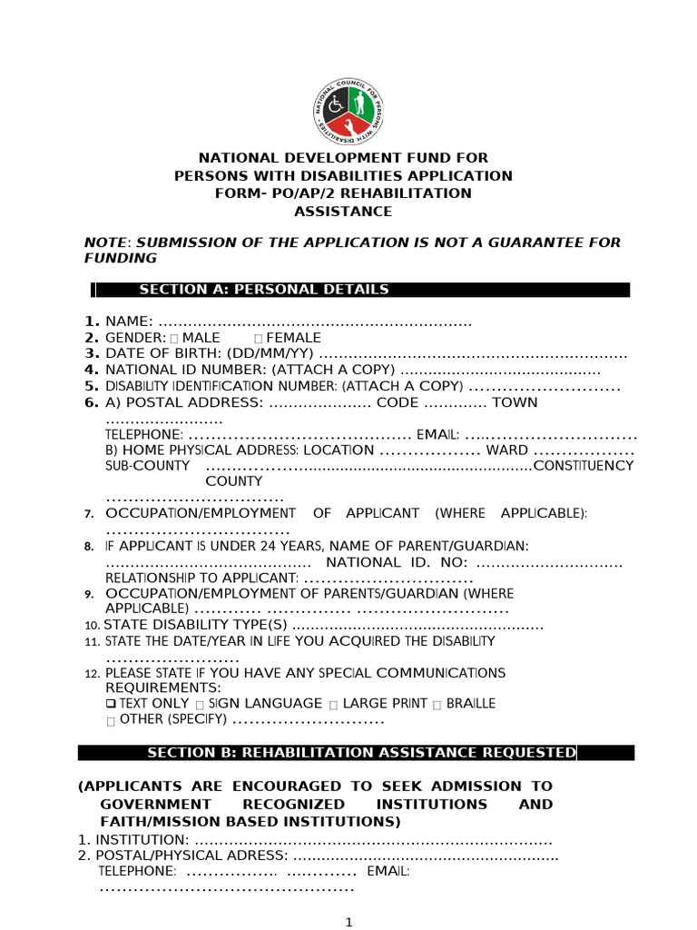 Rehabilitation Assistance Application Form | PDF