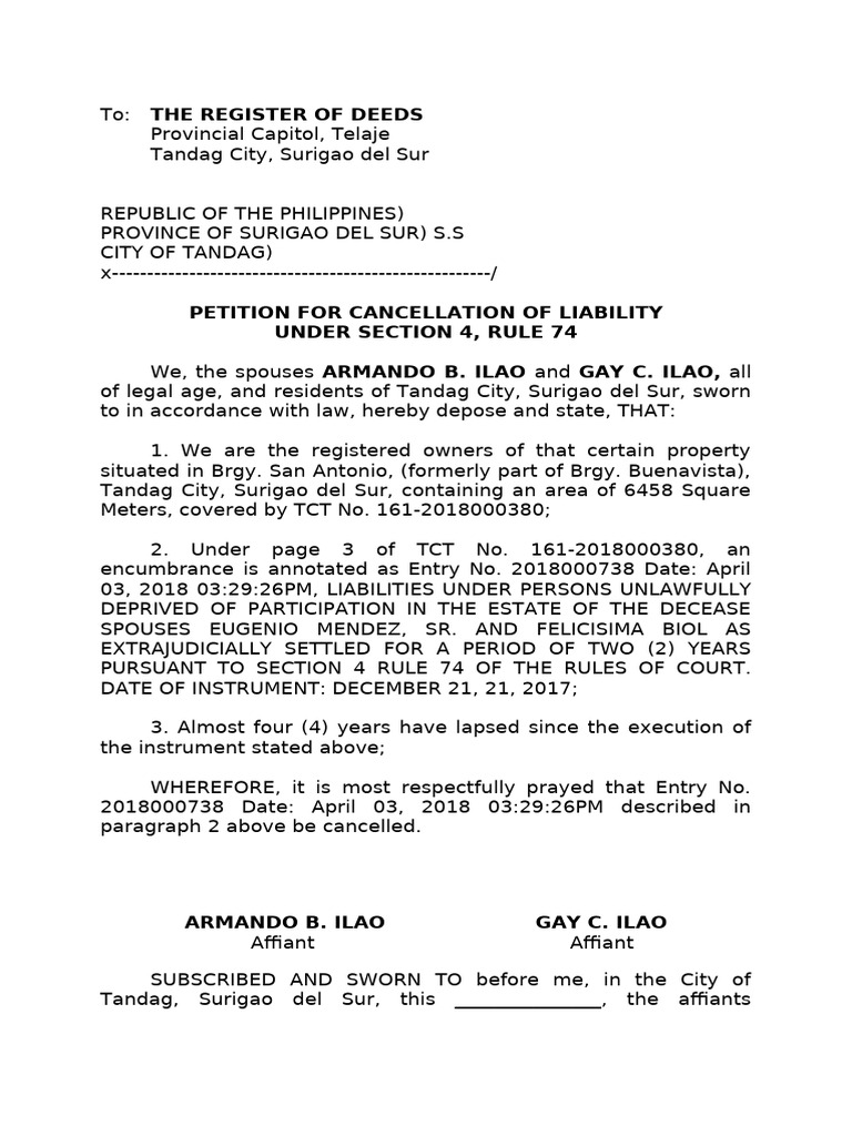 CANCELLATION OF LIABILITY UNDER SECTION 4, RULE 74 | PDF