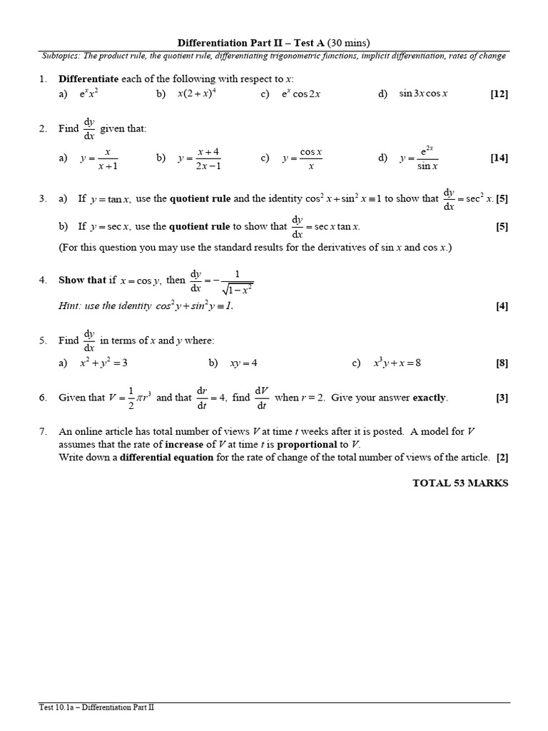 Differentiation Test: Product & Quotient Rules | PDF | Trigonometric ...