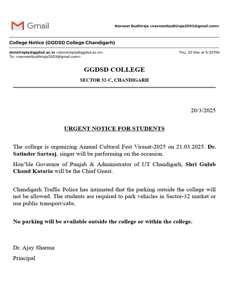 College Notice (GGDSD College Chandigarh)-6 | PDF