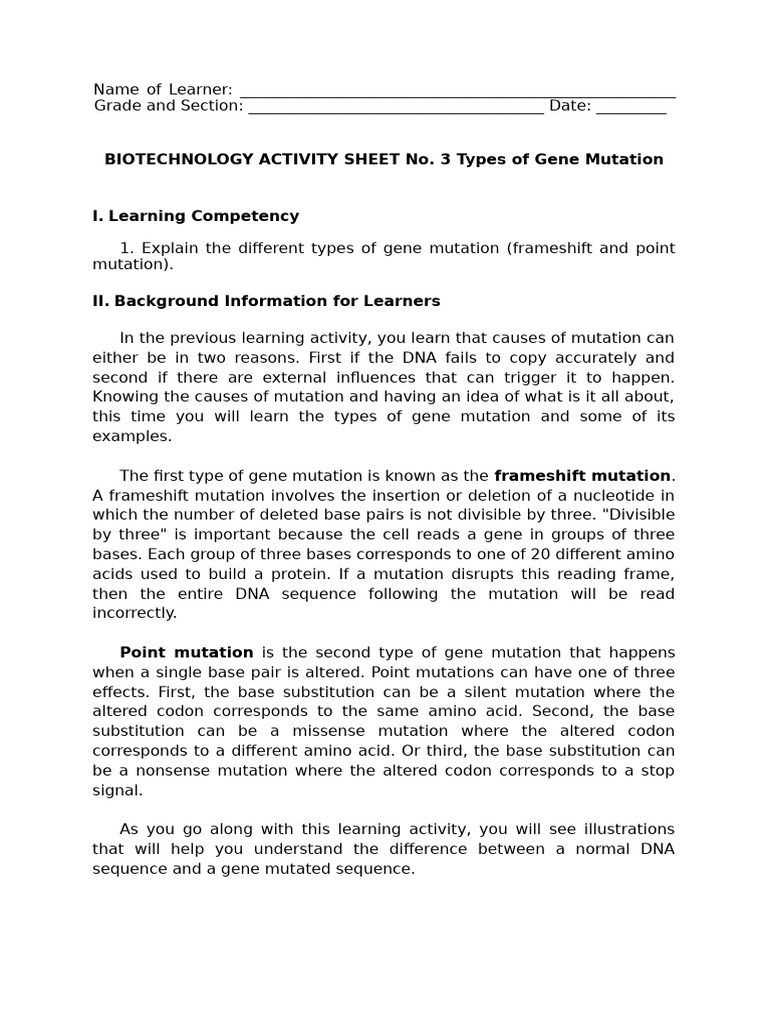 Activity Types of Gene Mutation | PDF | Point Mutation | Rna