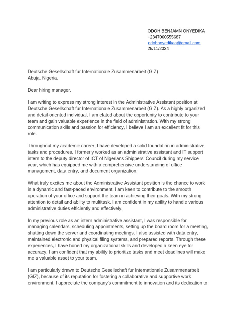 Administrative Assistant Motivational Letter | PDF | Business