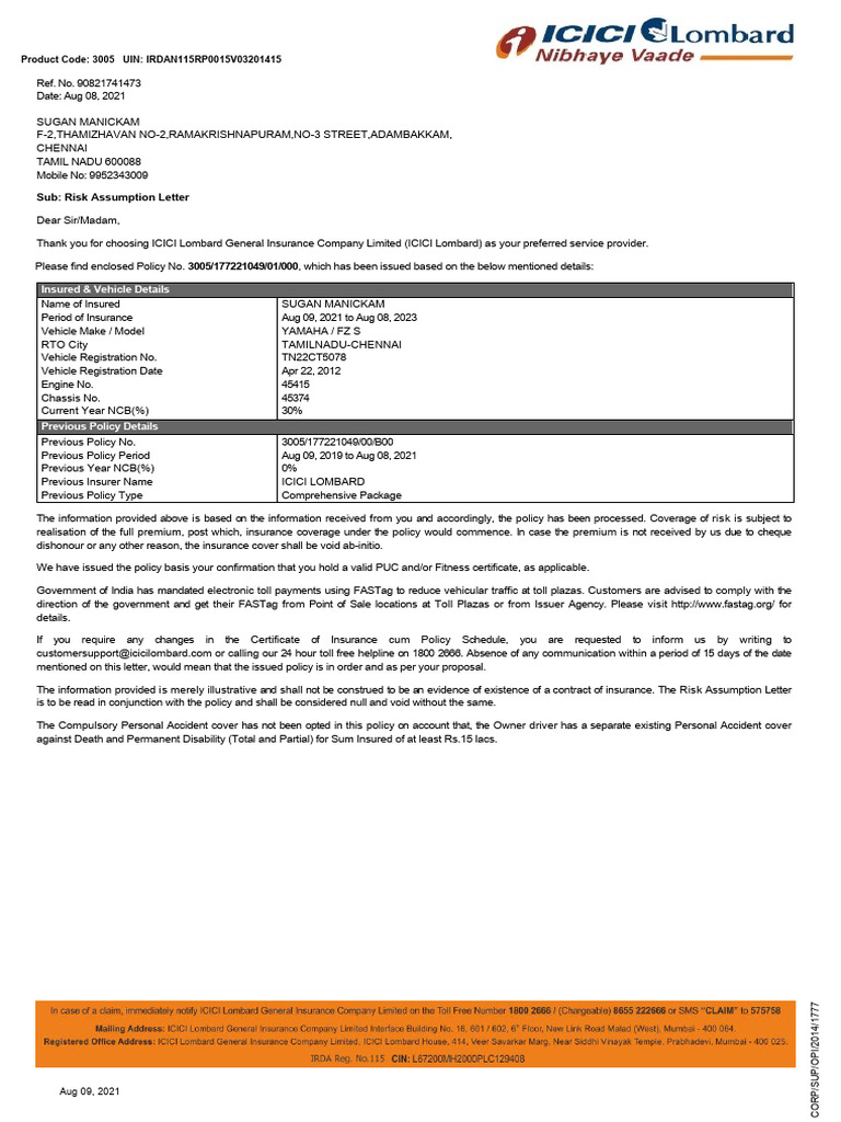 ICICI Lombard Risk Assumption Letter | PDF | Insurance | Pro Rata