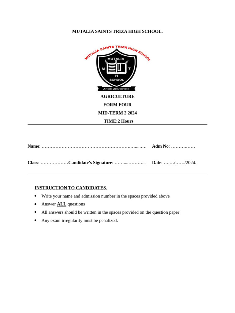 Agriculture Form Four Mid-Term Exam 2024 | PDF | Soil Science | Earth ...