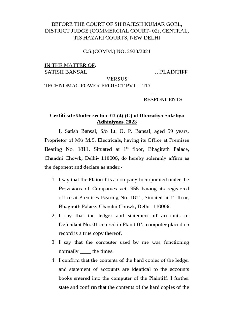 Certificate Format Under Section 63 BSA | PDF