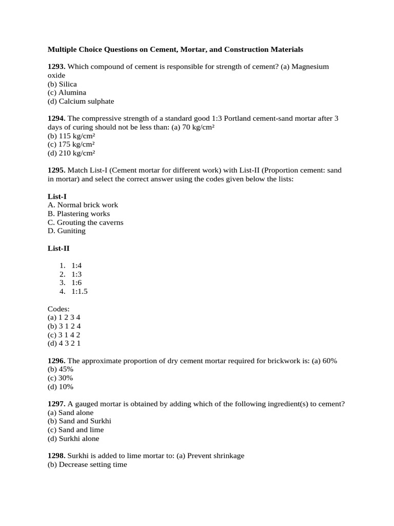 Cement Questions and Answers Guide | PDF | Mortar (Masonry) | Cement