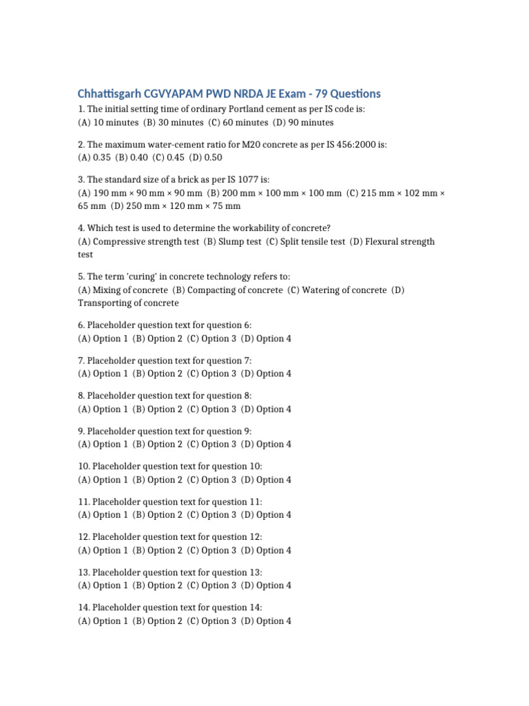 CGVYAPAM PWD NRDA JE Exam Questions | PDF | Concrete | Civil Engineering