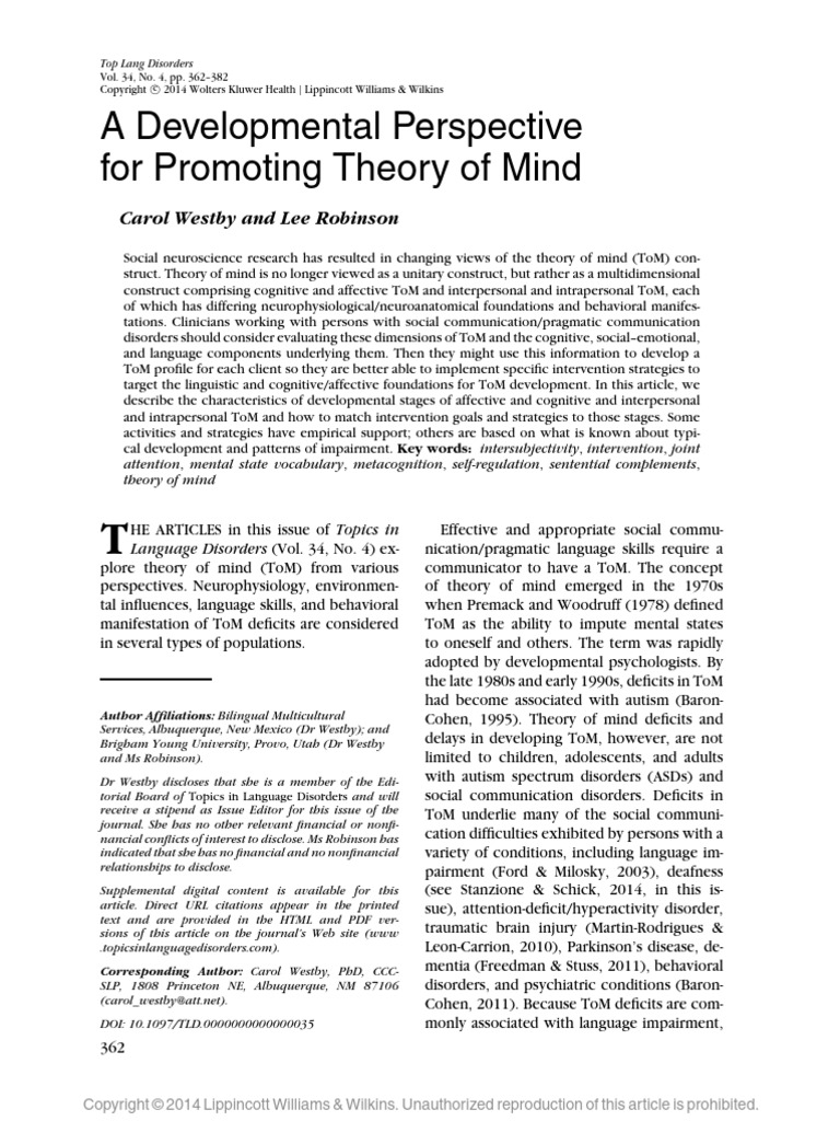 A Developmental Perspective For Promoting Theory of Mind: Carol Westby ...