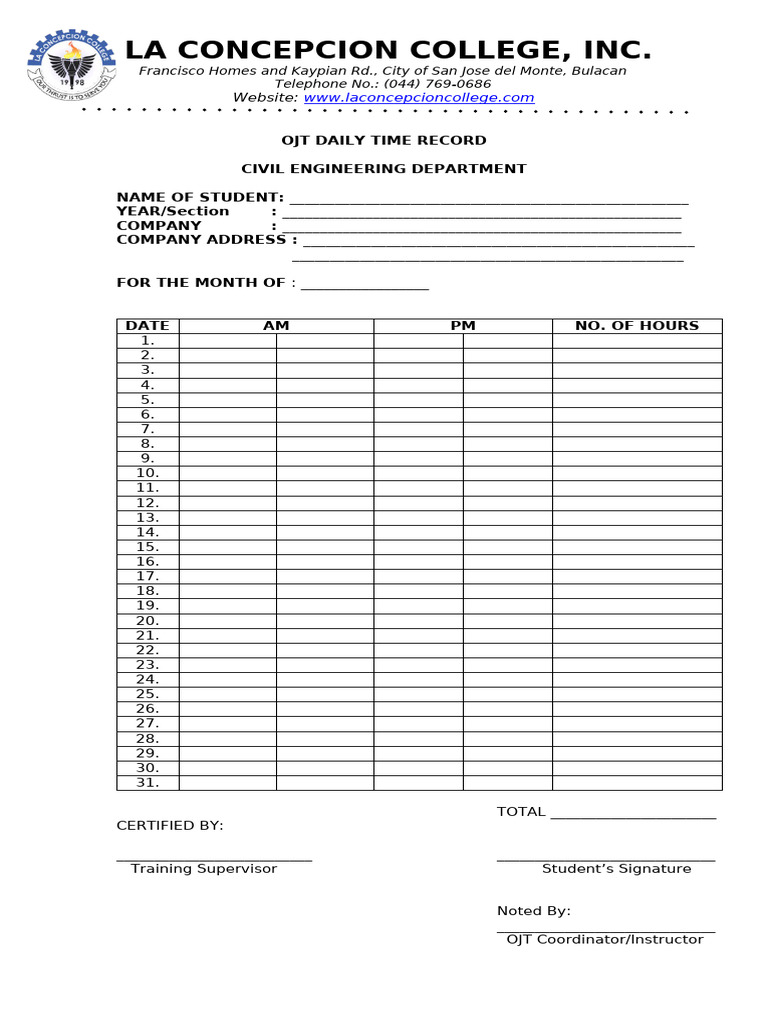 OJT DTR Per Month | PDF