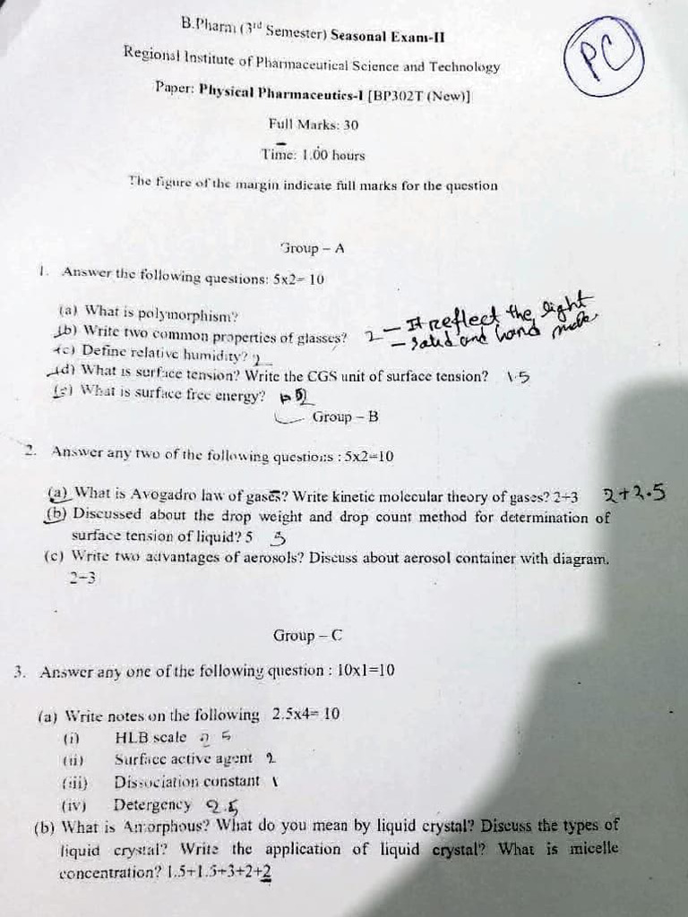 3rd sem sessional ques | PDF | Surface Tension | Buffer Solution