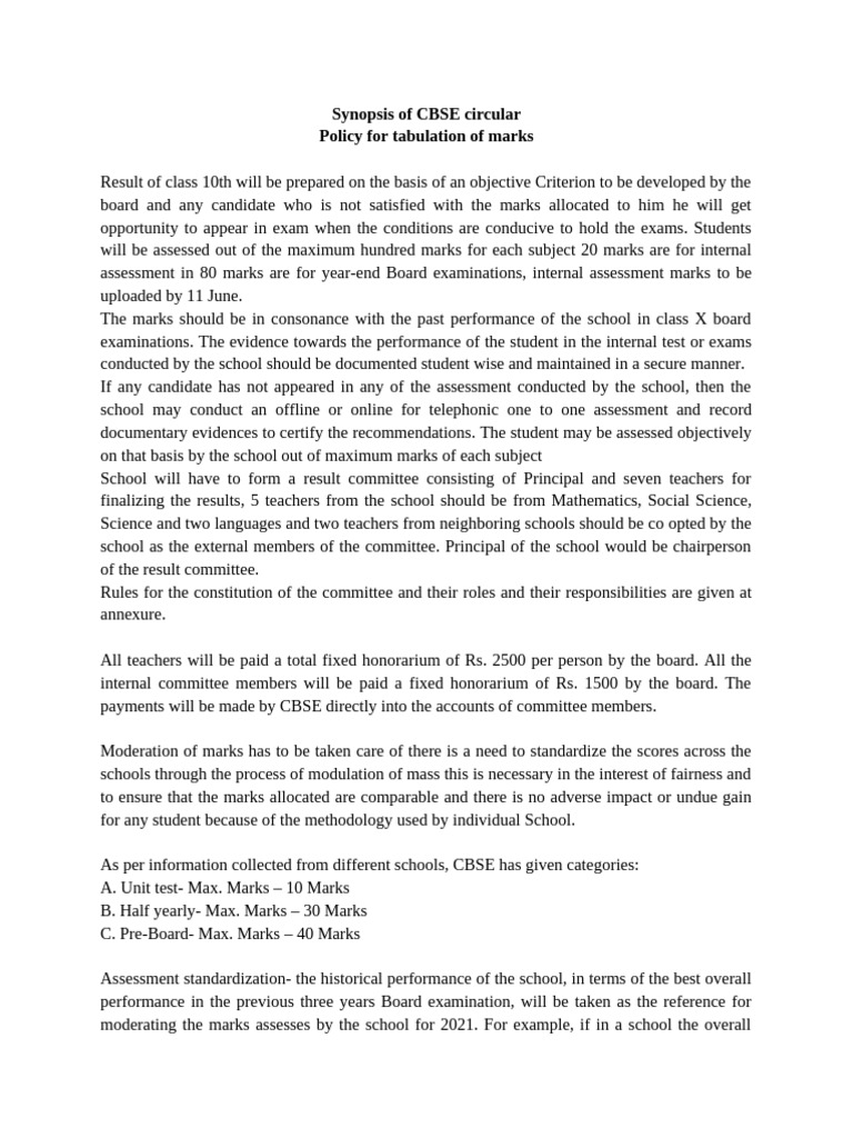 Synopsis of CBSE Circular | PDF