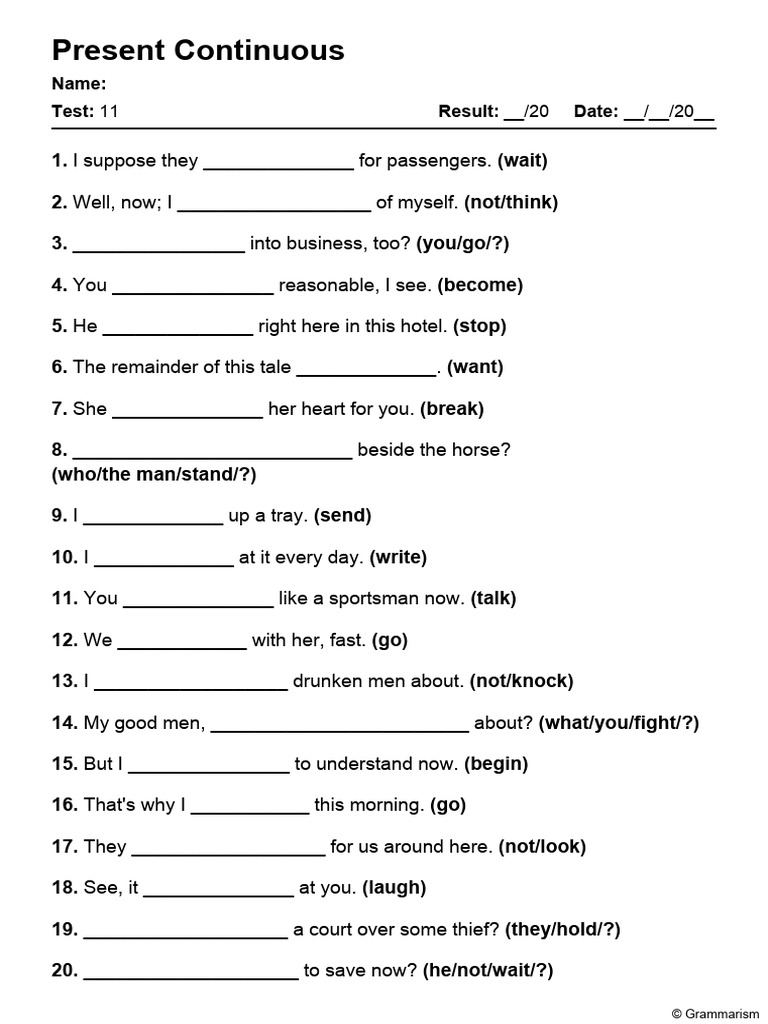 Present Continuous Tense Practice Test | PDF