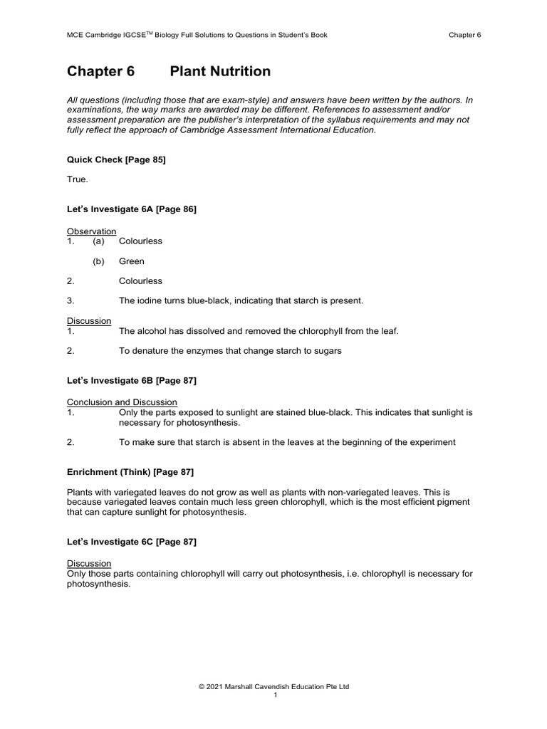 Plant Nutrition: IGCSE Solutions Guide | PDF | Photosynthesis | Leaf