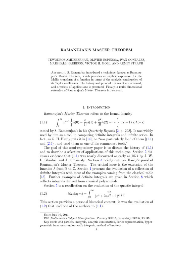 Ramanujan's Master Theorem | PDF | Mathematics | Mathematical Analysis