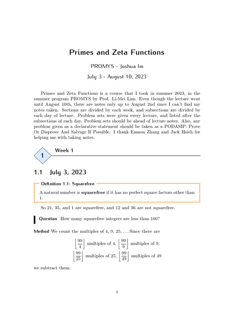 Primes and Zeta Functions Course Notes | PDF | Prime Number | Arithmetic
