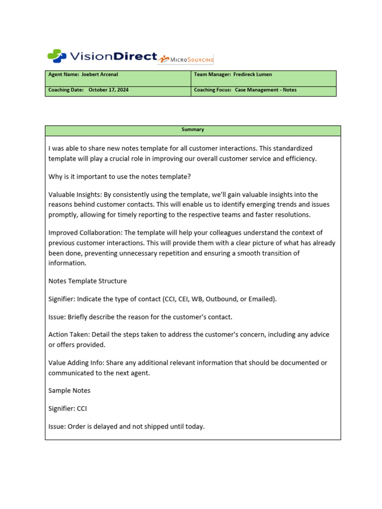 VD Coaching Log - Joebert Arcenal - WK42.cleaned | PDF | Goal ...