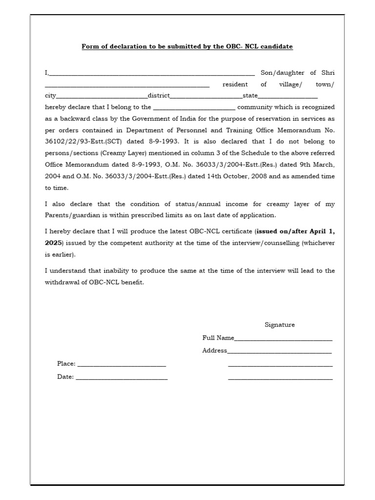 Undertaking Obc Template | PDF