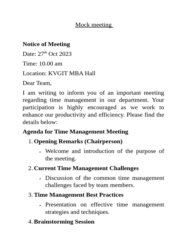 Time Management Mock Meeting Summary | PDF | Time Management ...